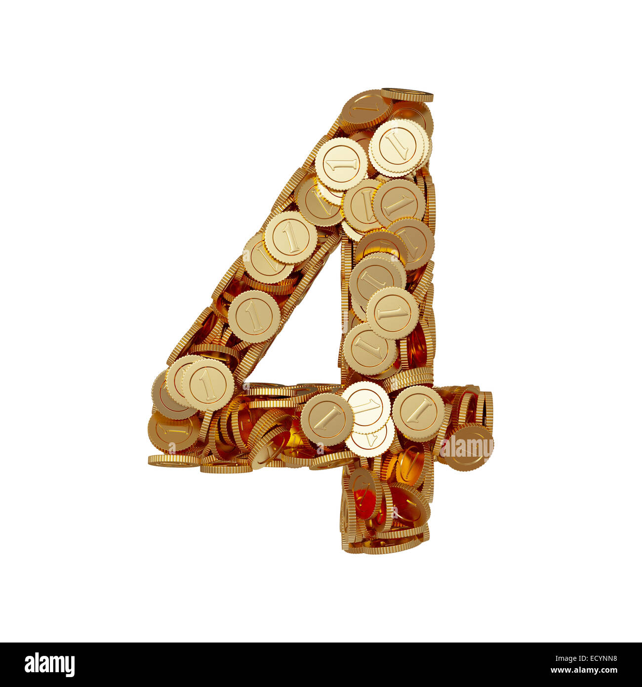 3d illustration of alphabet number digit four 4 with golden coins ...