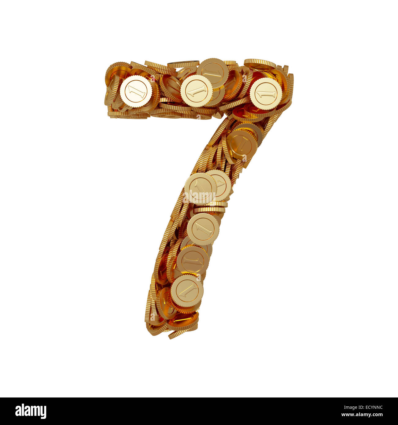 3d illustration of alphabet number digit seven 7 with golden coins ...