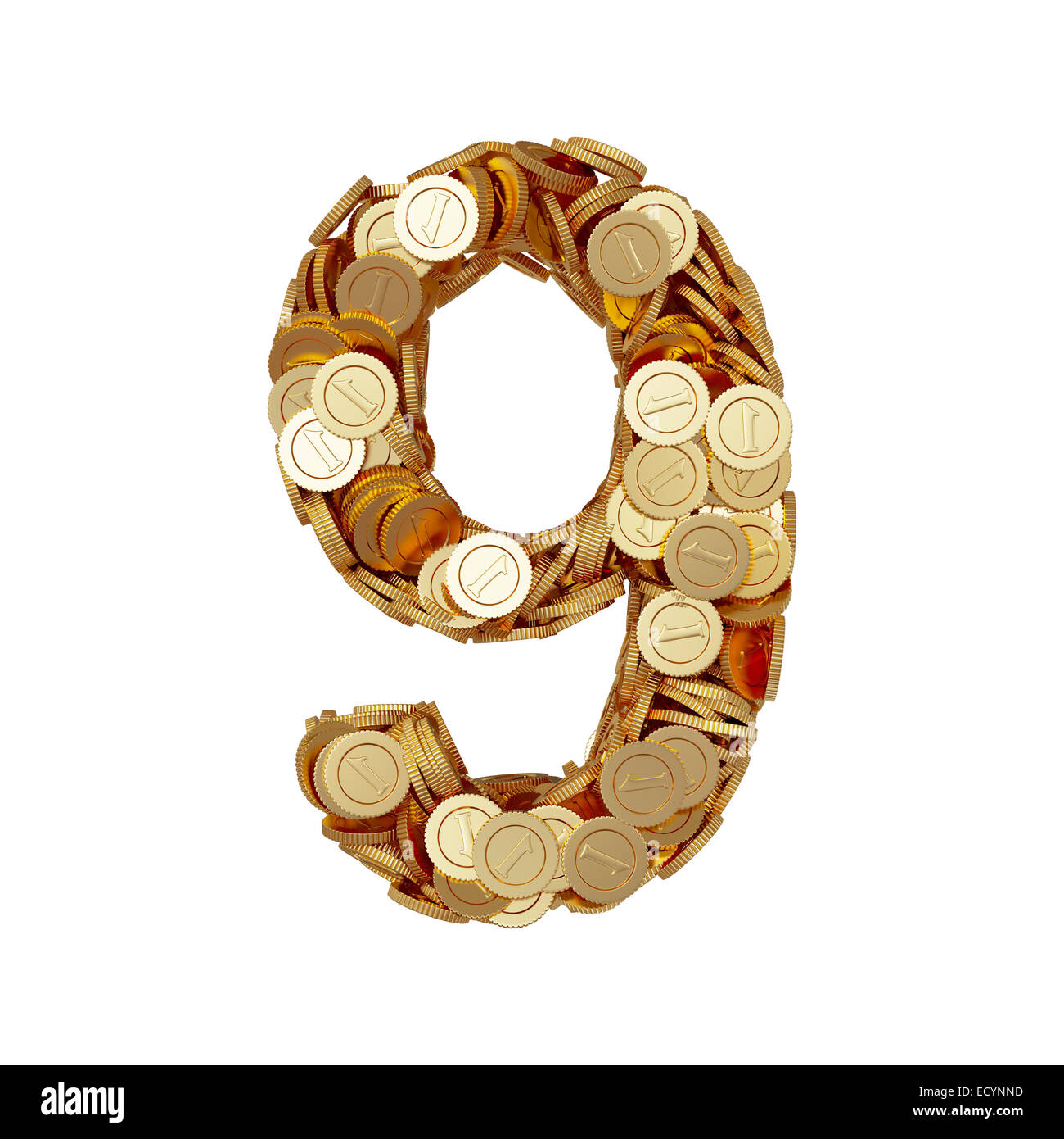 3d illustration of alphabet number digit nine 9 with golden coins ...