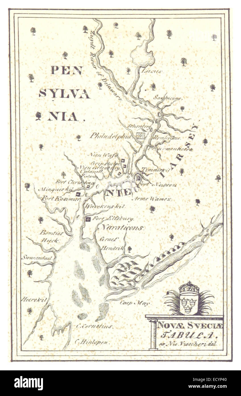 This 1834 illustration by Campanius depicts New Sweden, showcasing the ...