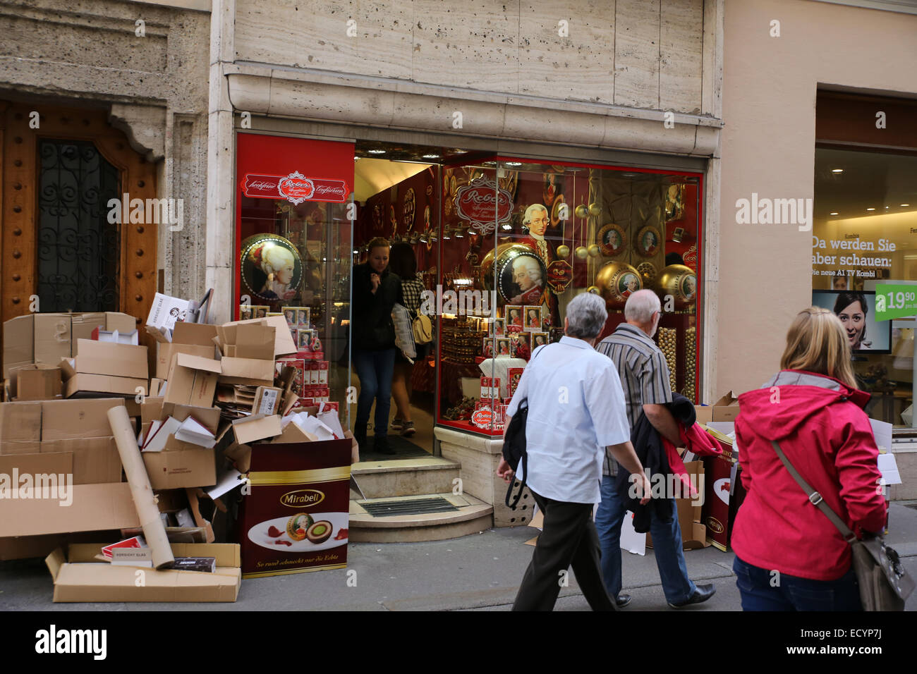 Mozart ball store entrance garbage junk box Stock Photo - Alamy