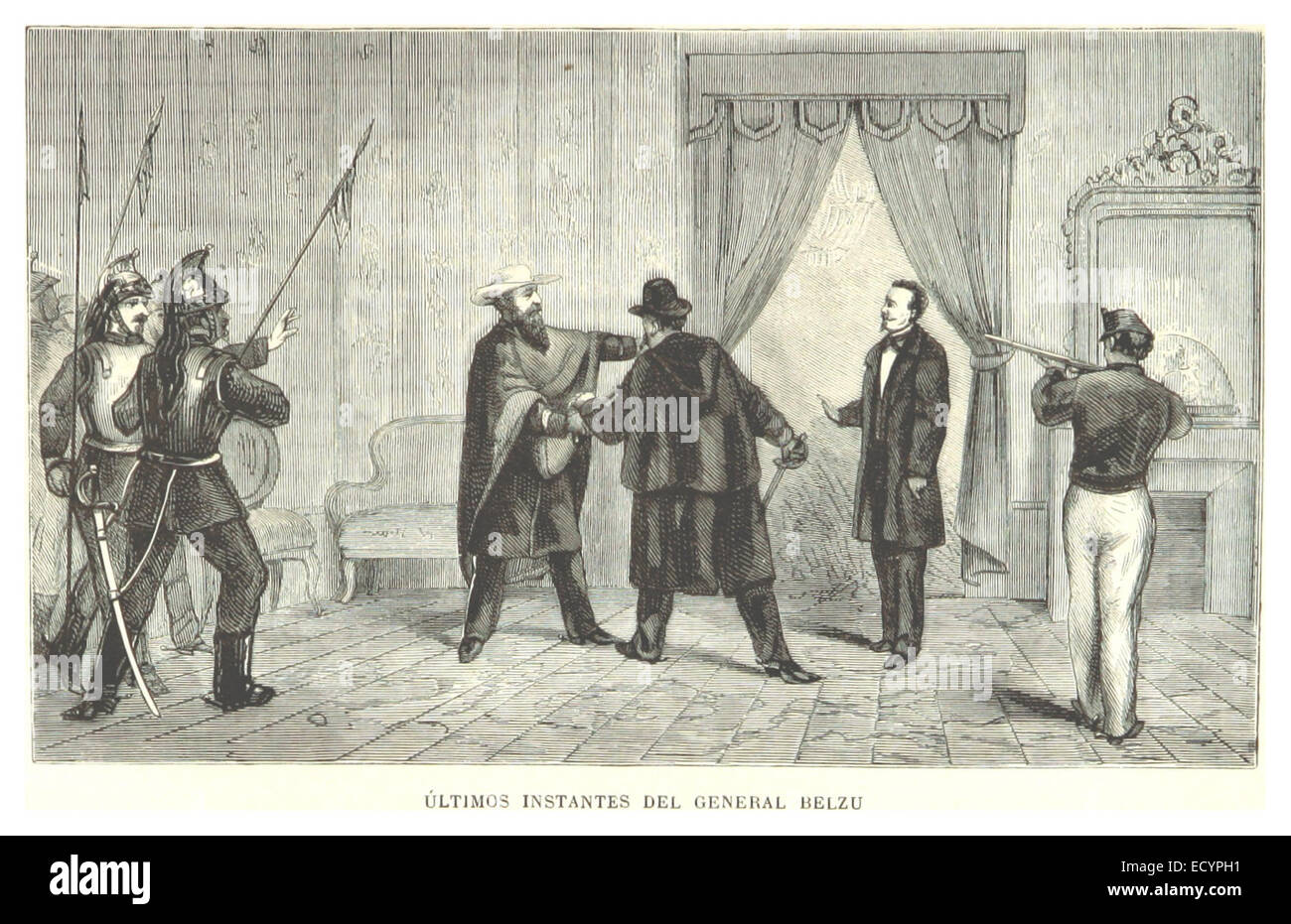 This 1874 illustration by Campero depicts the final moments of General ...