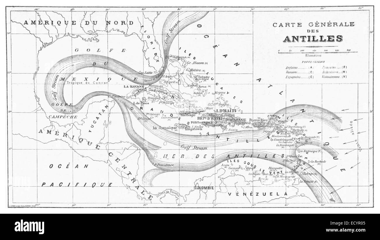 This map shows the general layout of the Caribbean Antilles, detailing ...
