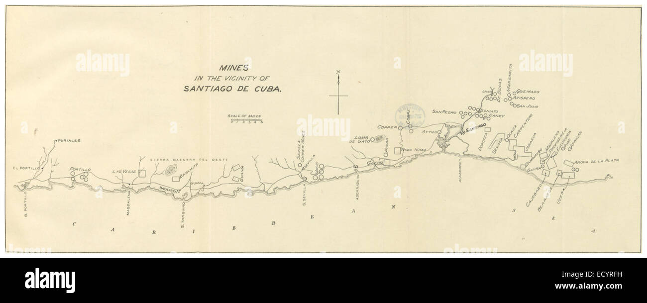 This 1899 map by Clark shows the mines located near Santiago de Cuba ...