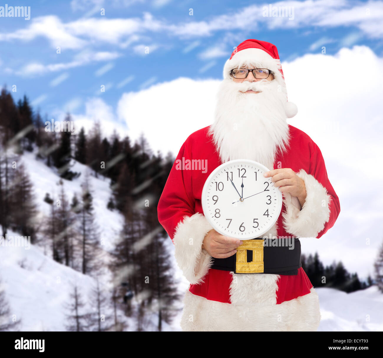 man in costume of santa claus with clock Stock Photo - Alamy