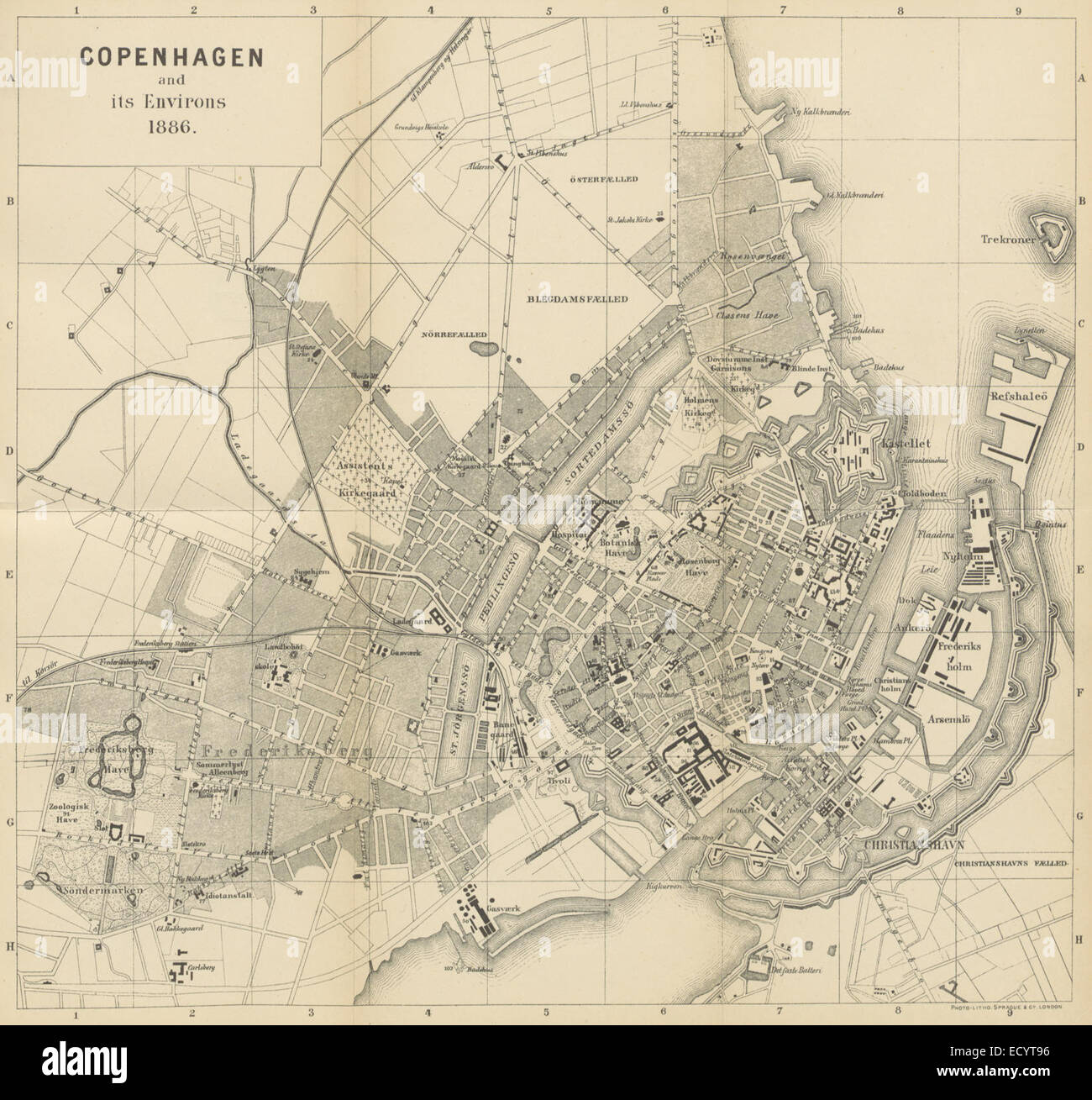 A 1887 map of Copenhagen and its surrounding areas, showing the city's ...