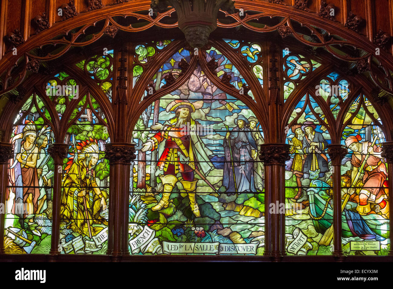 Detroit, Michigan - Stained glass depicts LaSalle's arrival in Detroit ...