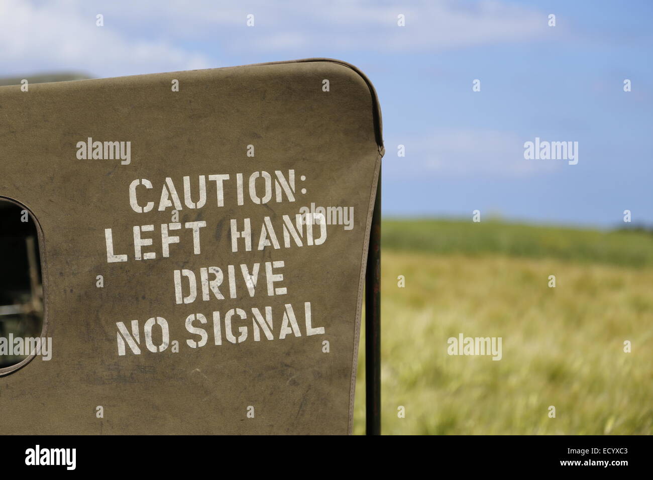 Rear canvas detail from a ww2 D-Day willys jeep reading Caution: Left ...