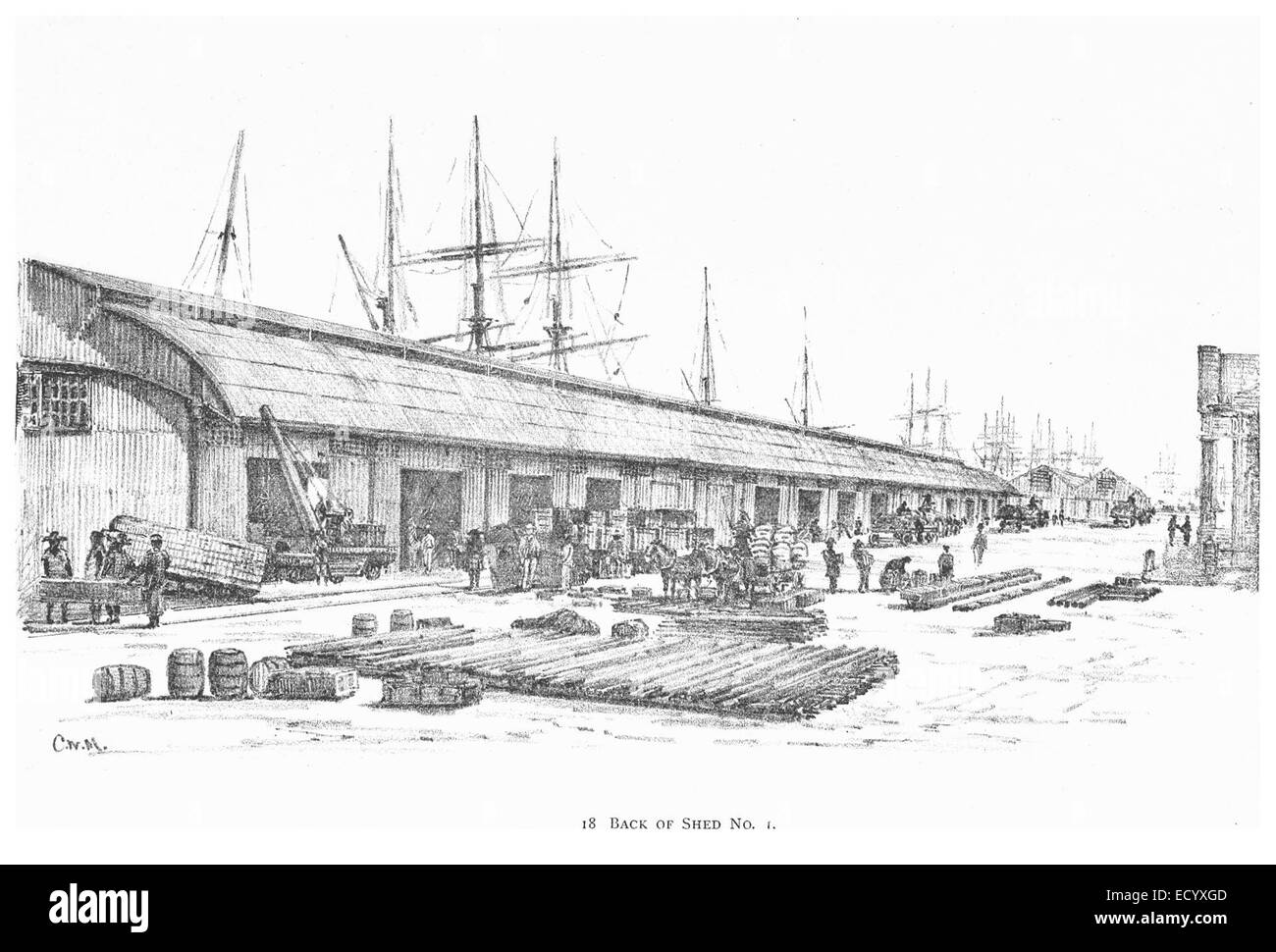 This 1891 drawing depicts the back of Shed No.1 in Durban, South Africa ...