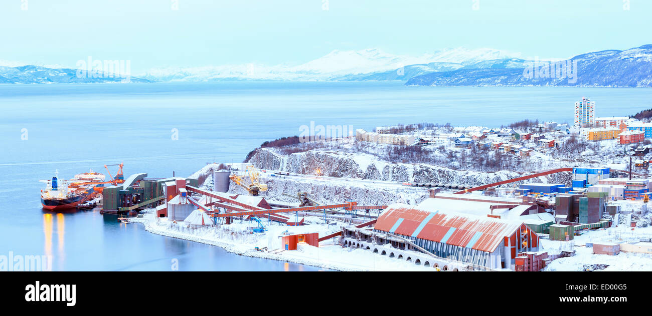 Panorama of Industrial Container Cargo freight ship with working crane ...
