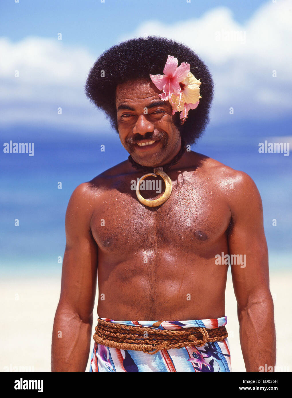 Fijian native on beach, Beachcomber Island Resort, Mamanuca Islands ...