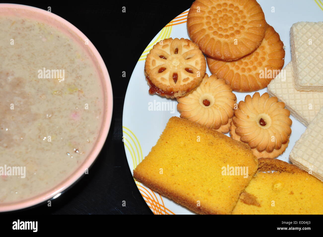 breakfast with cereal and variety of biscuits Stock Photo - Alamy