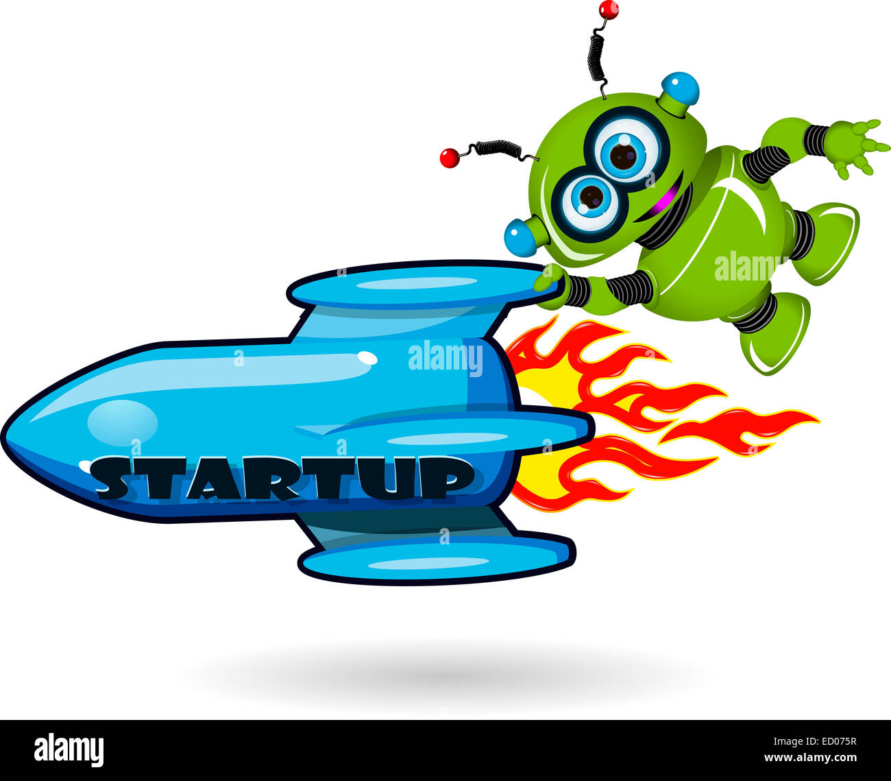 Illustration green robot and blue a rocket Stock Photo - Alamy