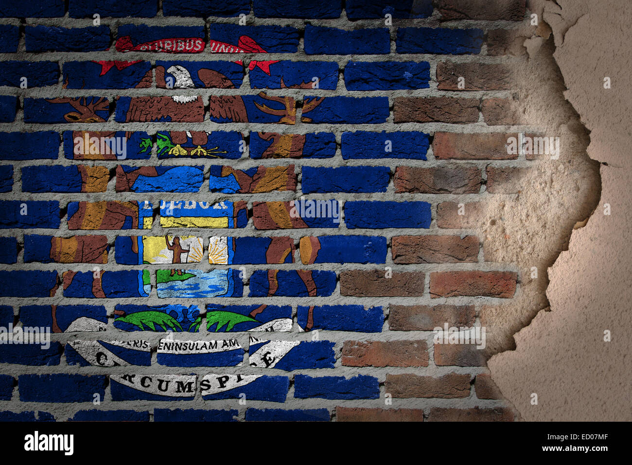 Dark brick wall texture with plaster - flag painted on wall - Michigan ...