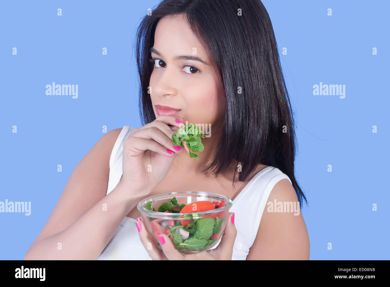 1 indian Beautiful lady eating Salad Dieting Stock Photo - Alamy