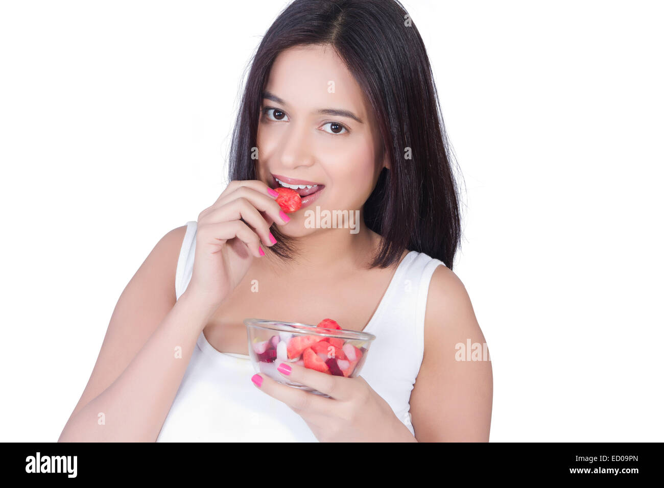 1 indian Beautiful lady eating Salad Dieting Stock Photo - Alamy