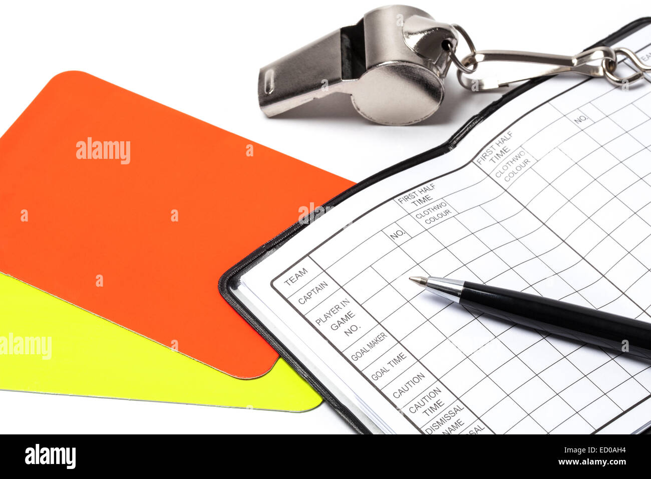 Referee cards, whistle, notebook and pen, isolated on white background ...