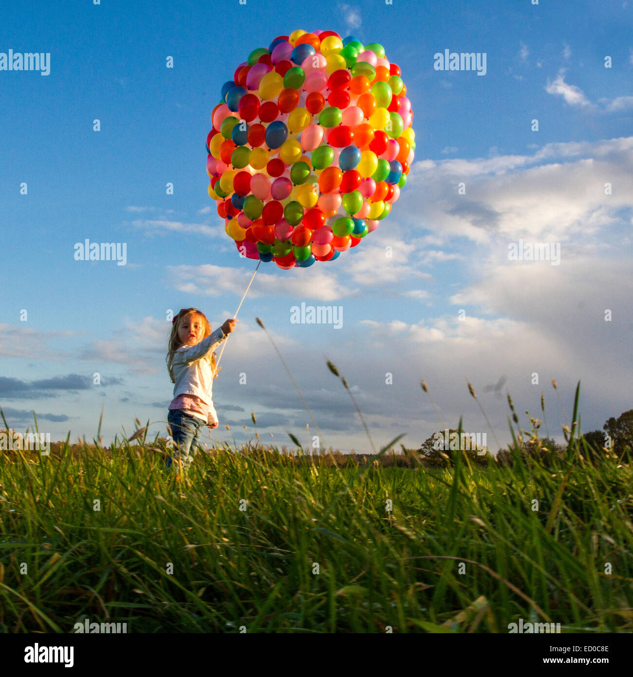 Girl with balloons in meadow Stock Photo - Alamy