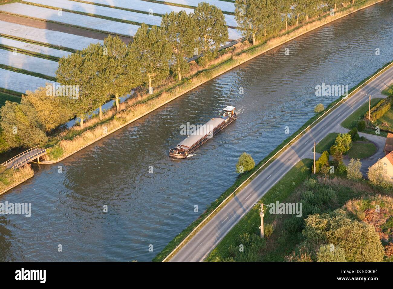 France, Nord, Watten, barge on the Canal de l'Aa (aerial view Stock ...