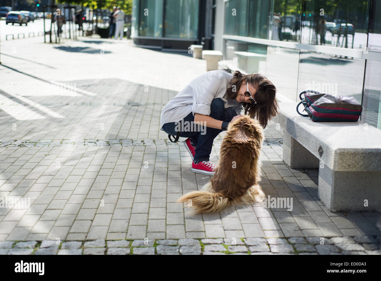 Young woman stroking a stray dog in street Stock Photo - Alamy