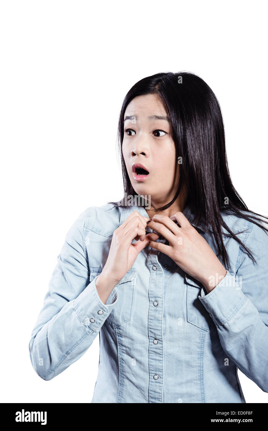 Portrait of young woman in shock Stock Photo - Alamy