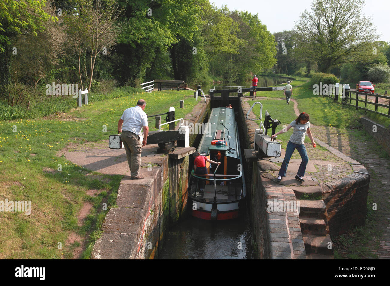 A narrowboat entering Shutt Hill Lock near Acton Trussell on the ...