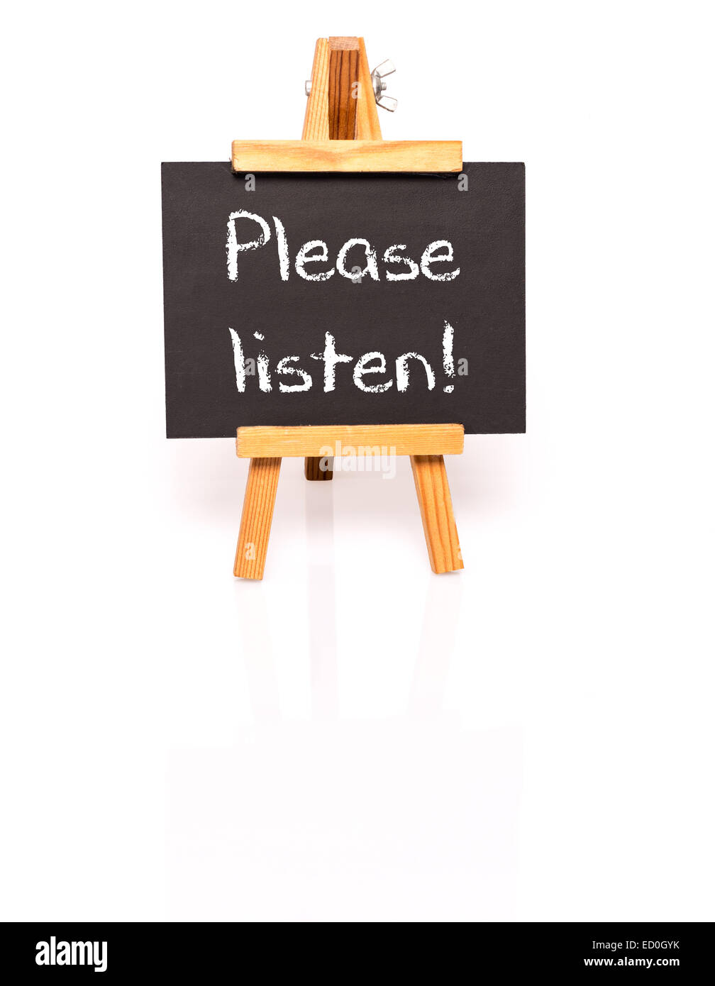 Please listen. Blackboard with text and easel Stock Photo - Alamy