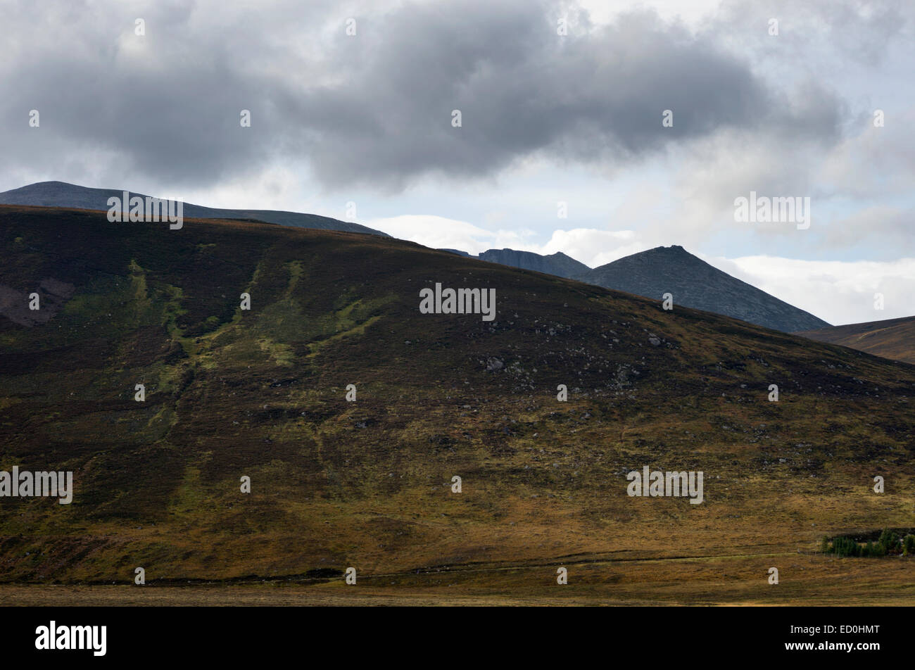 The dark and dramatic peaks of Lochnagar above Glenmuick in the ...