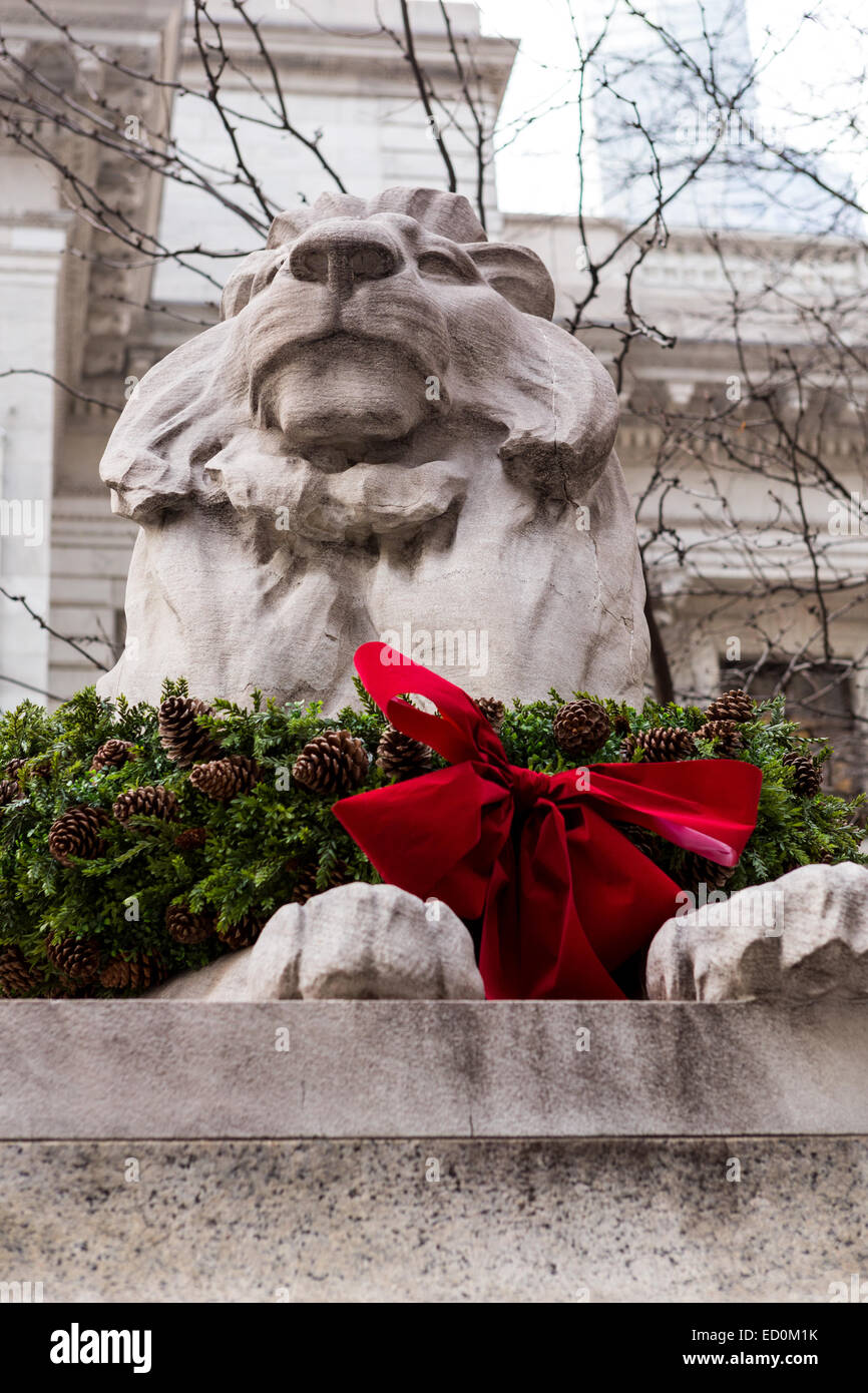 Christmas holiday decorations on the Public Library lions December 16 ...