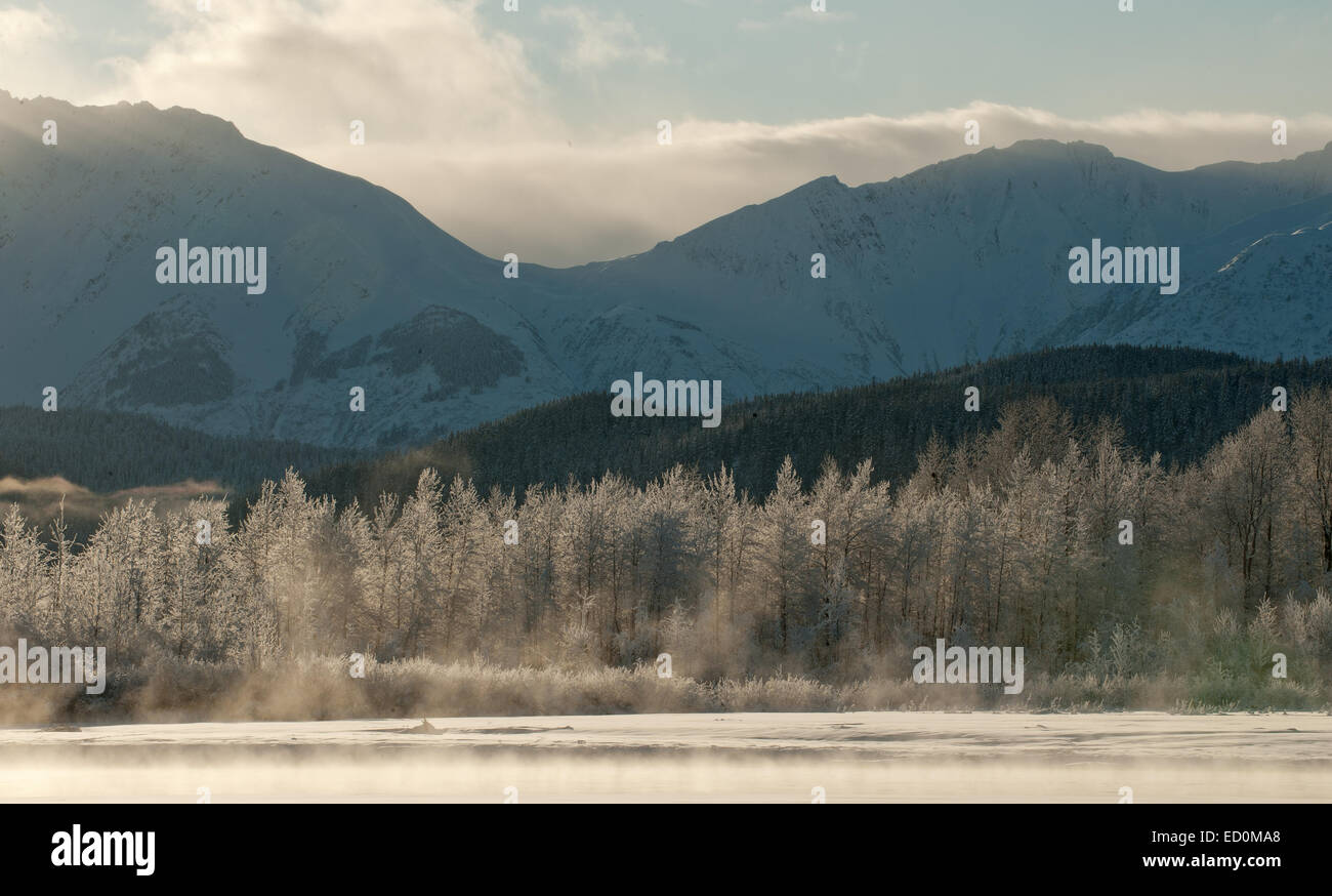 The Chilkat Valley under a covering of snow, with mountains behind ...