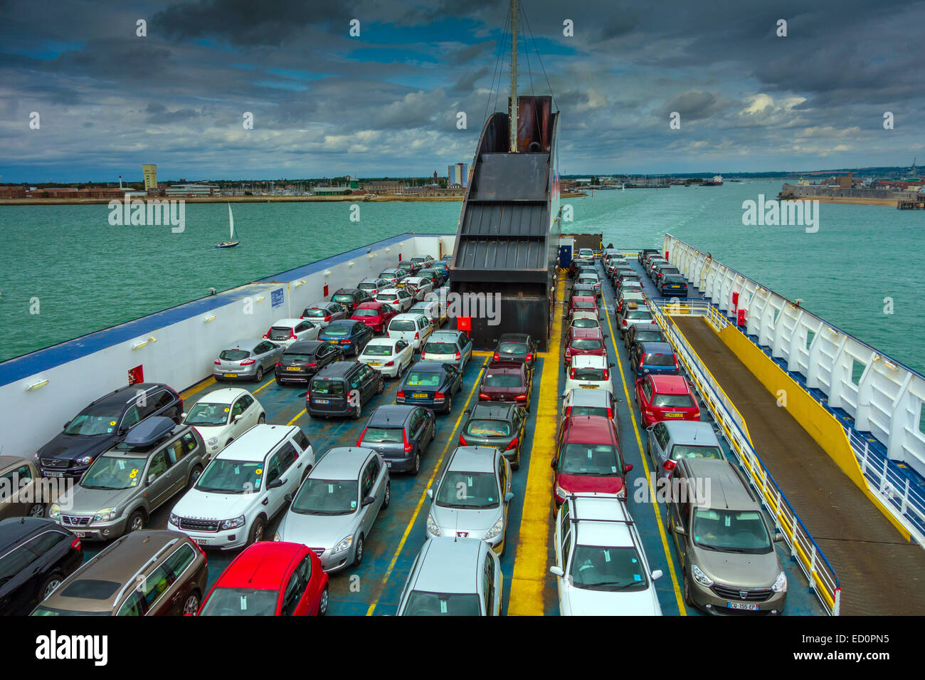 Cross channel ferry leaving Portsmouth with cars vehicles on the deck ...