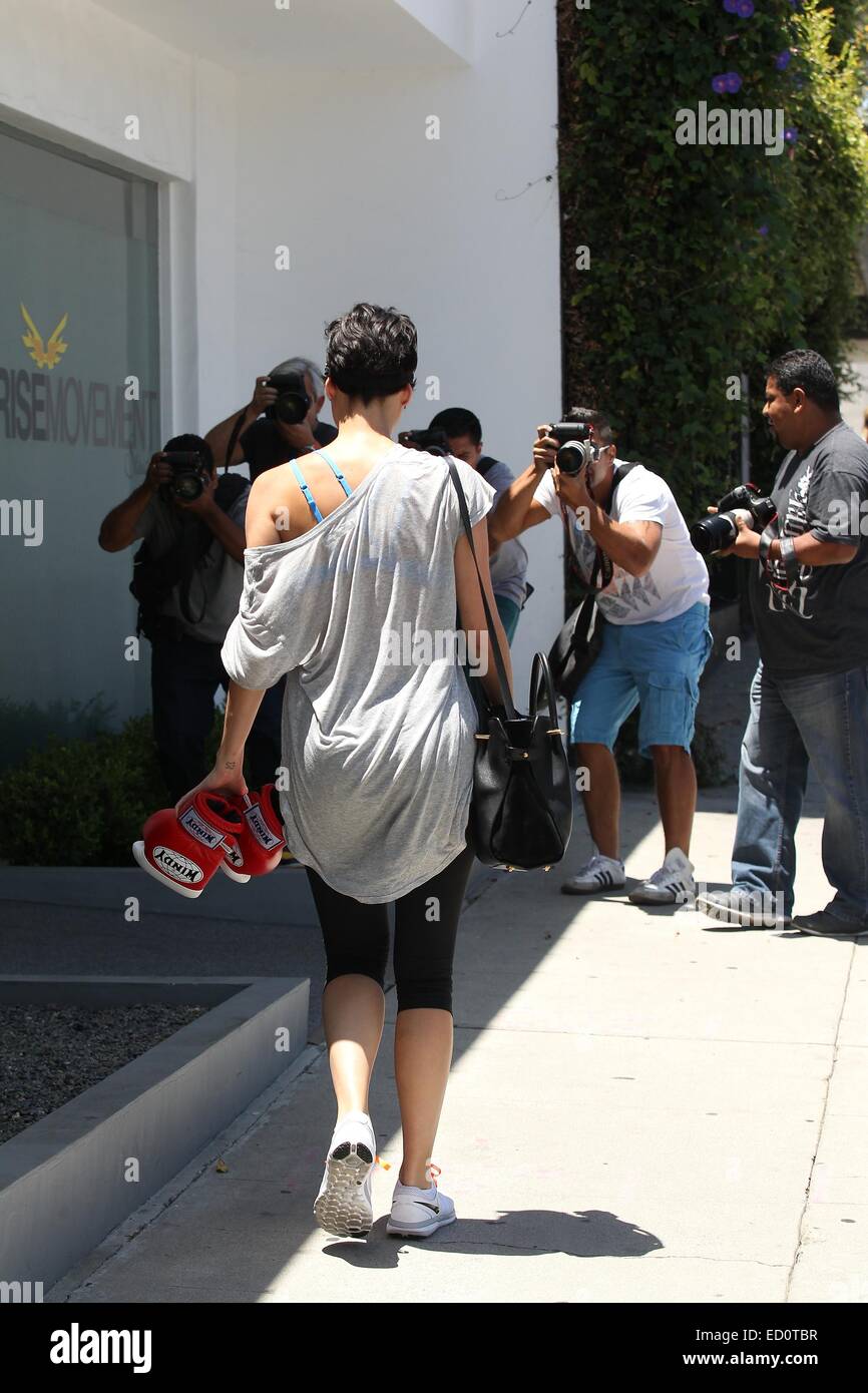 Jaimie Alexander arrives at a gym on Melrose Avenue holding a pair of ...