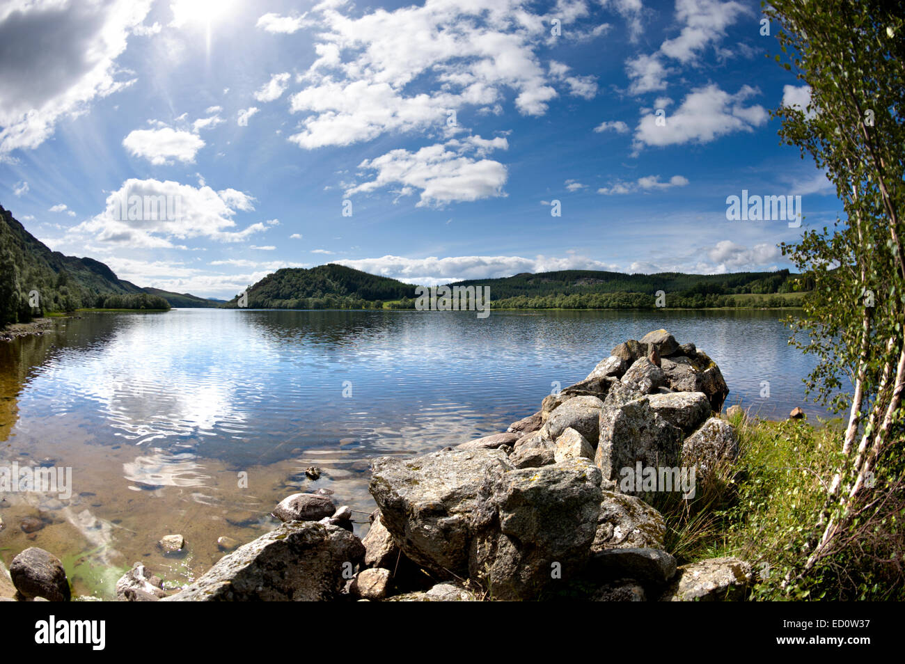 A fisheye view of the rocky shoreline of the RSPBs Loch Ruthven reserve ...