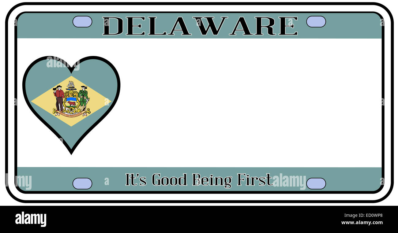 Delaware state license plate in the colors of the state flag with icons ...