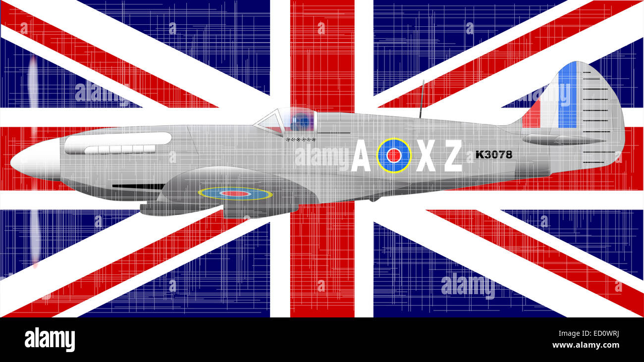 The British Union Jack flag and fighter aircraft with a heavy grunge ...