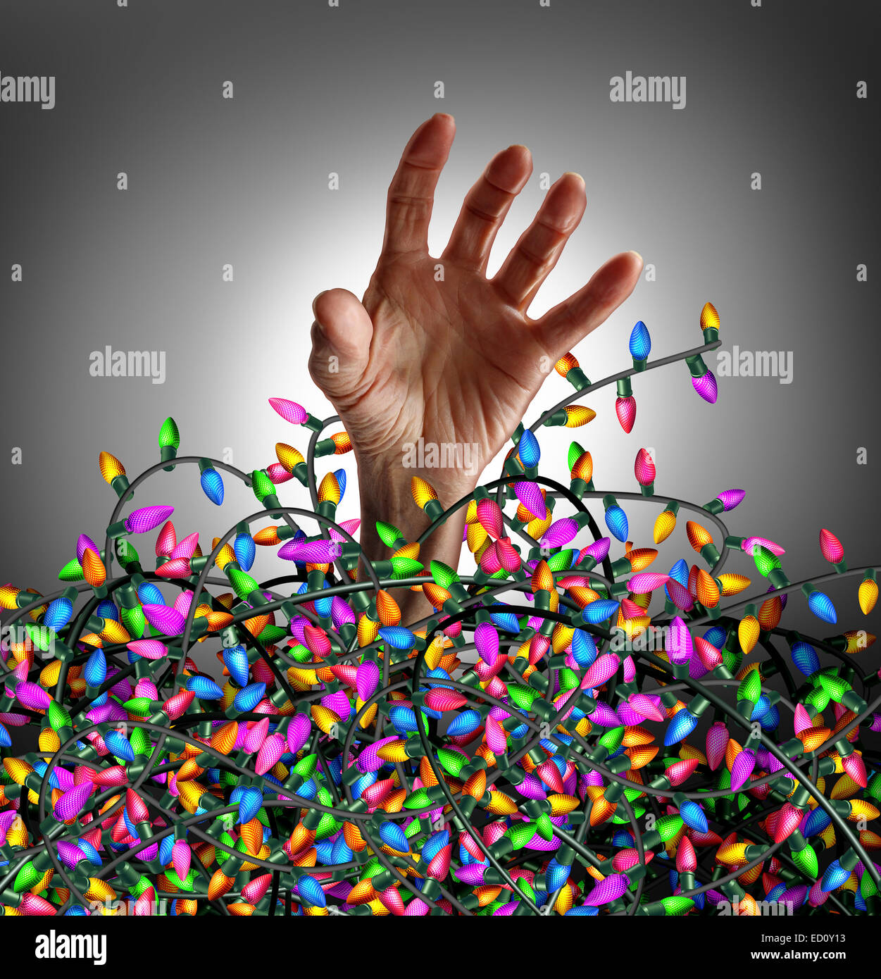 Holiday season stress concept as a human hand escaping from a chaotic ...