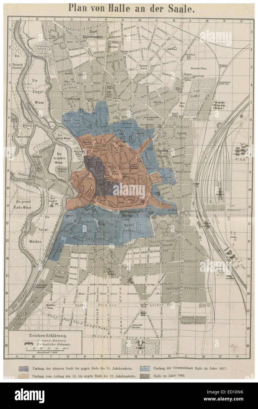 An 19th-century map of Halle an der Saale, showing the layout of the ...