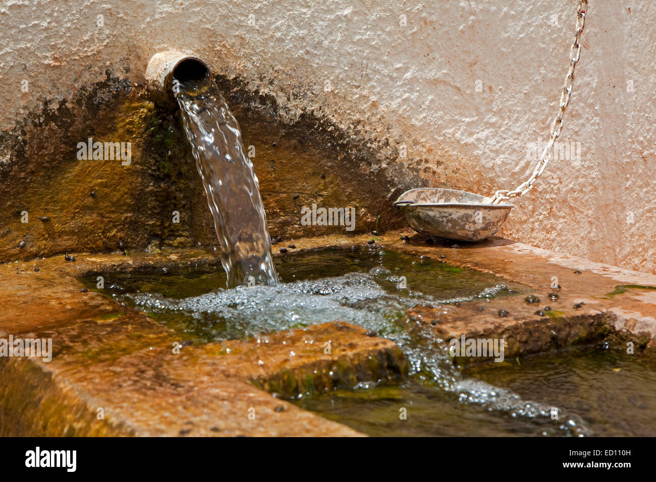 Fresh mountain water from well pouring in old fountain with stone basin ...