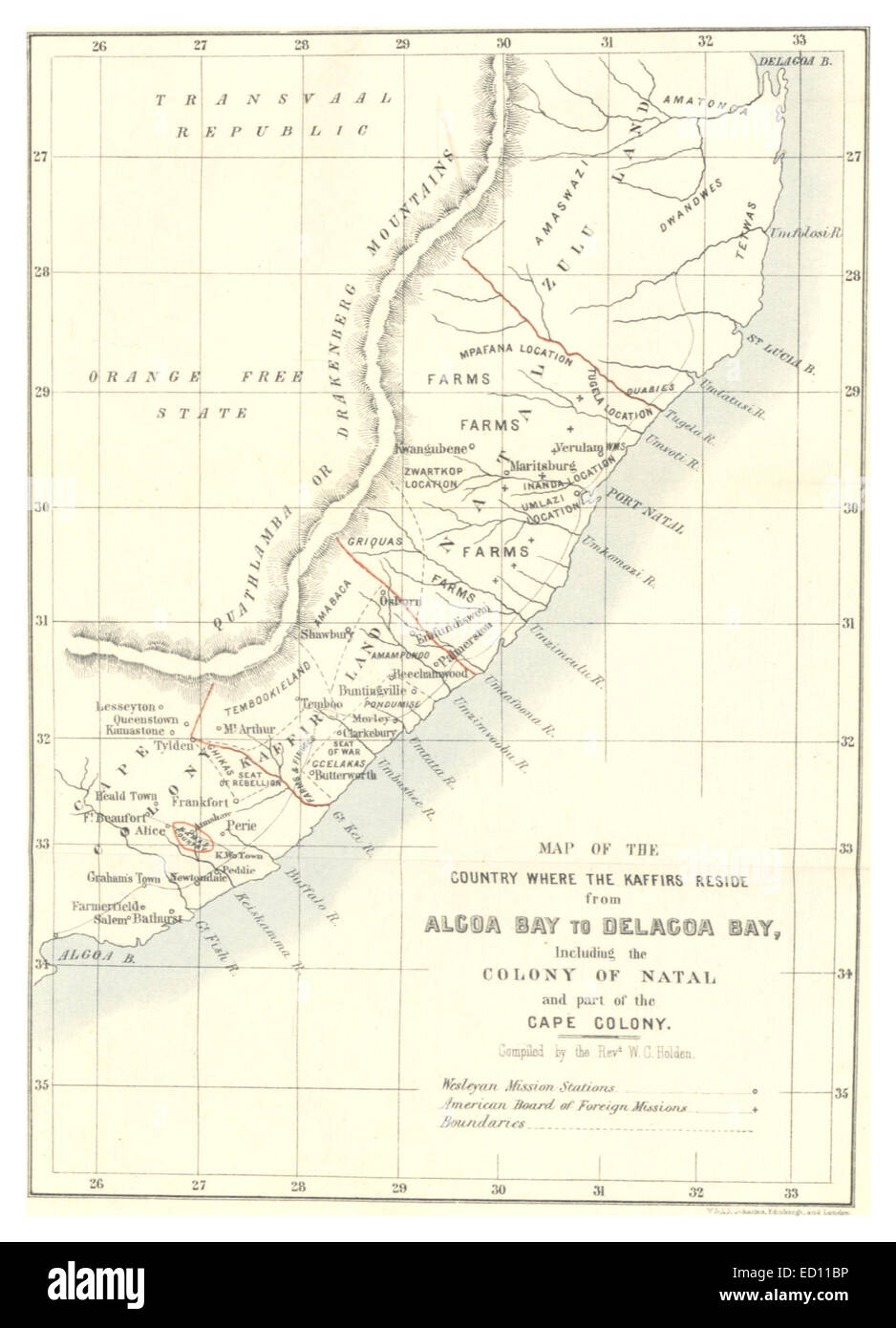 A 1879 map by Holden, showing the territory inhabited by the Kaffirs ...