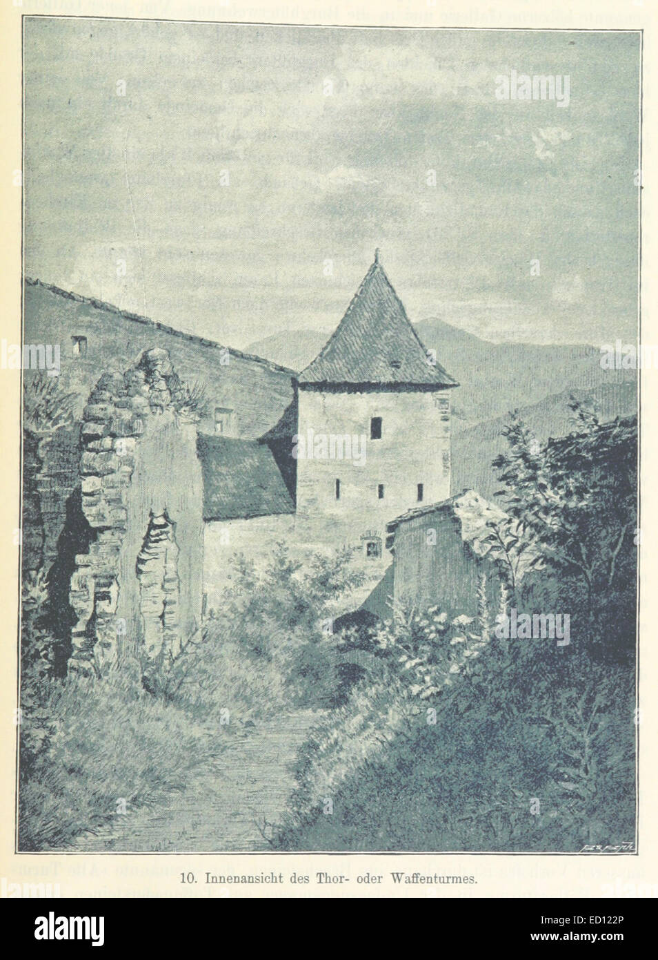 This illustration shows the interior view of a gate and weapon tower ...