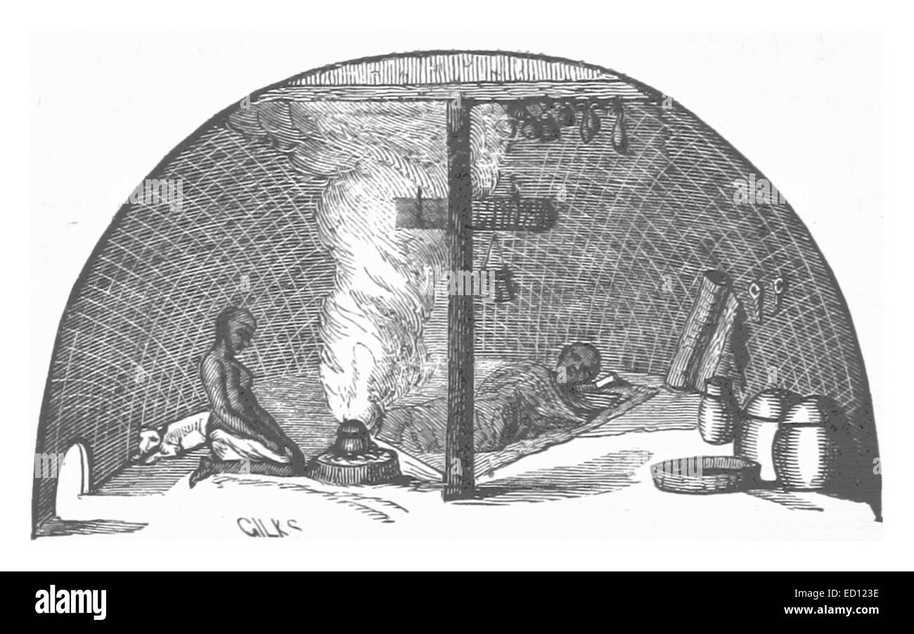 The image shows the interior of a simple hut, likely representing a ...