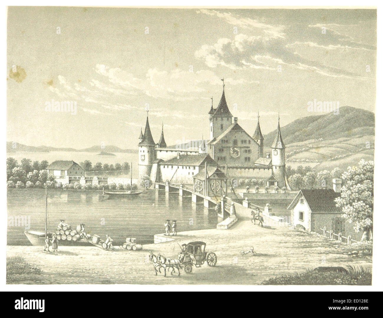 This 1857 illustration by Jahn depicts the town of Nidau in Switzerland ...