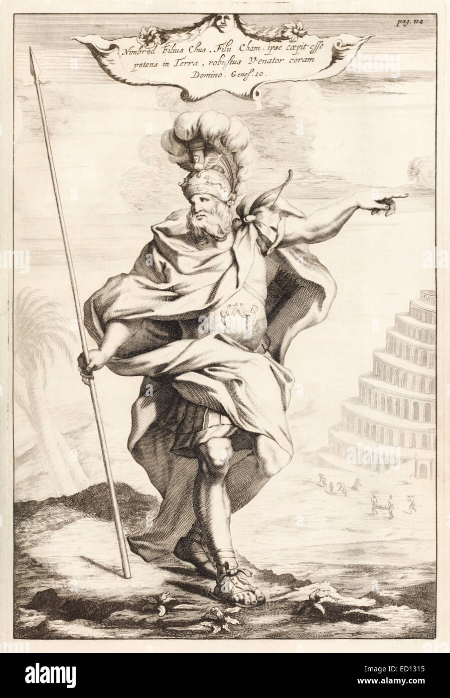 Nimrod, King of Shinar, 17th century illustration (note Tower of Babel ...