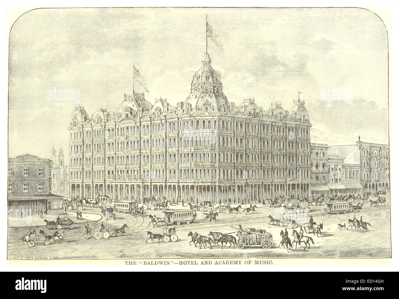 An 1876 illustration of The Baldwin Hotel and the Academy of Music in ...