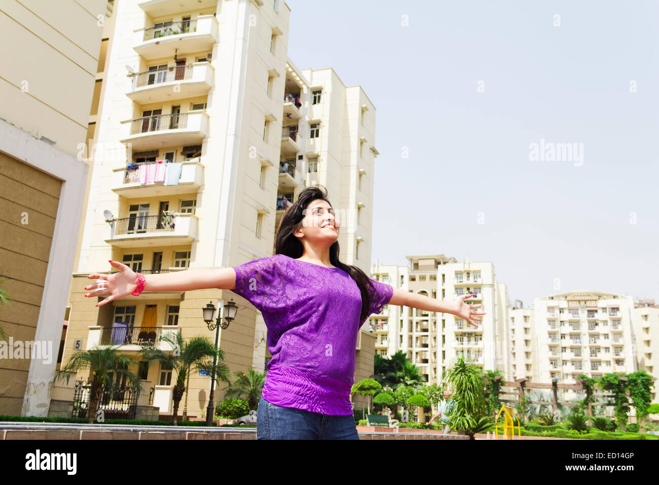 1 indian Beautiful lady enjoy fresh air Stock Photo - Alamy