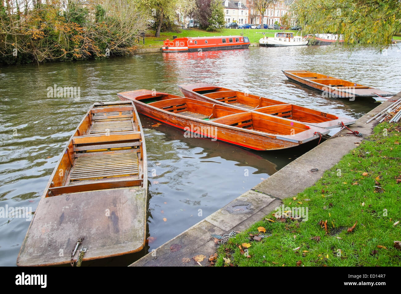 Wooden punts on the river Cam in Cambridge Cambridgeshire England ...