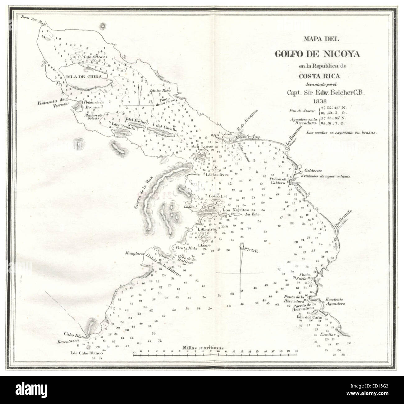 This 1838 map depicts the Gulf of Nicoya in Costa Rica, illustrating ...
