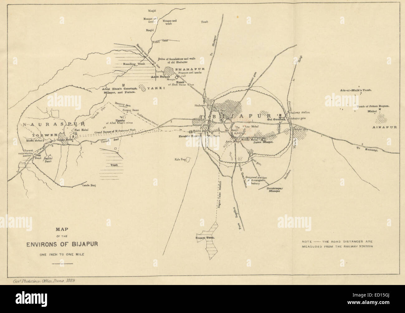 This 1889 map of the environs of Bijapur, India, offers a detailed view ...