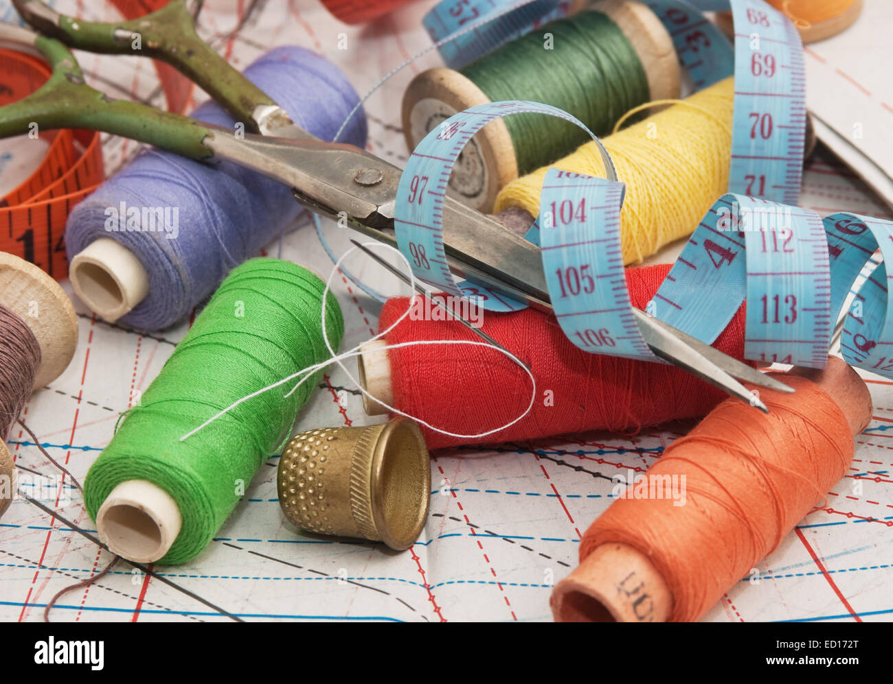 still life various sewing accessories in the scheme Stock Photo - Alamy