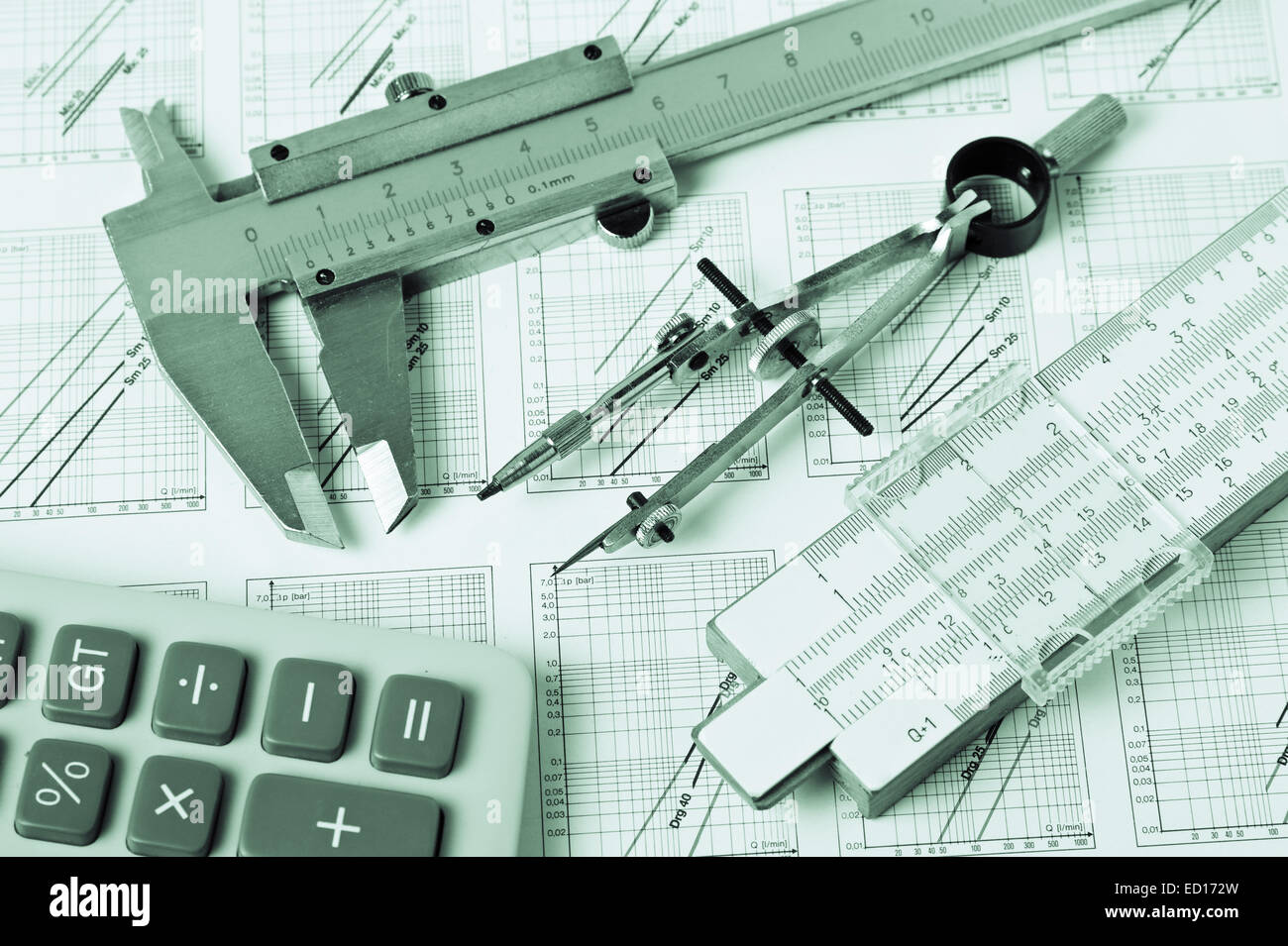 engineering tools on a technical drawing Stock Photo - Alamy